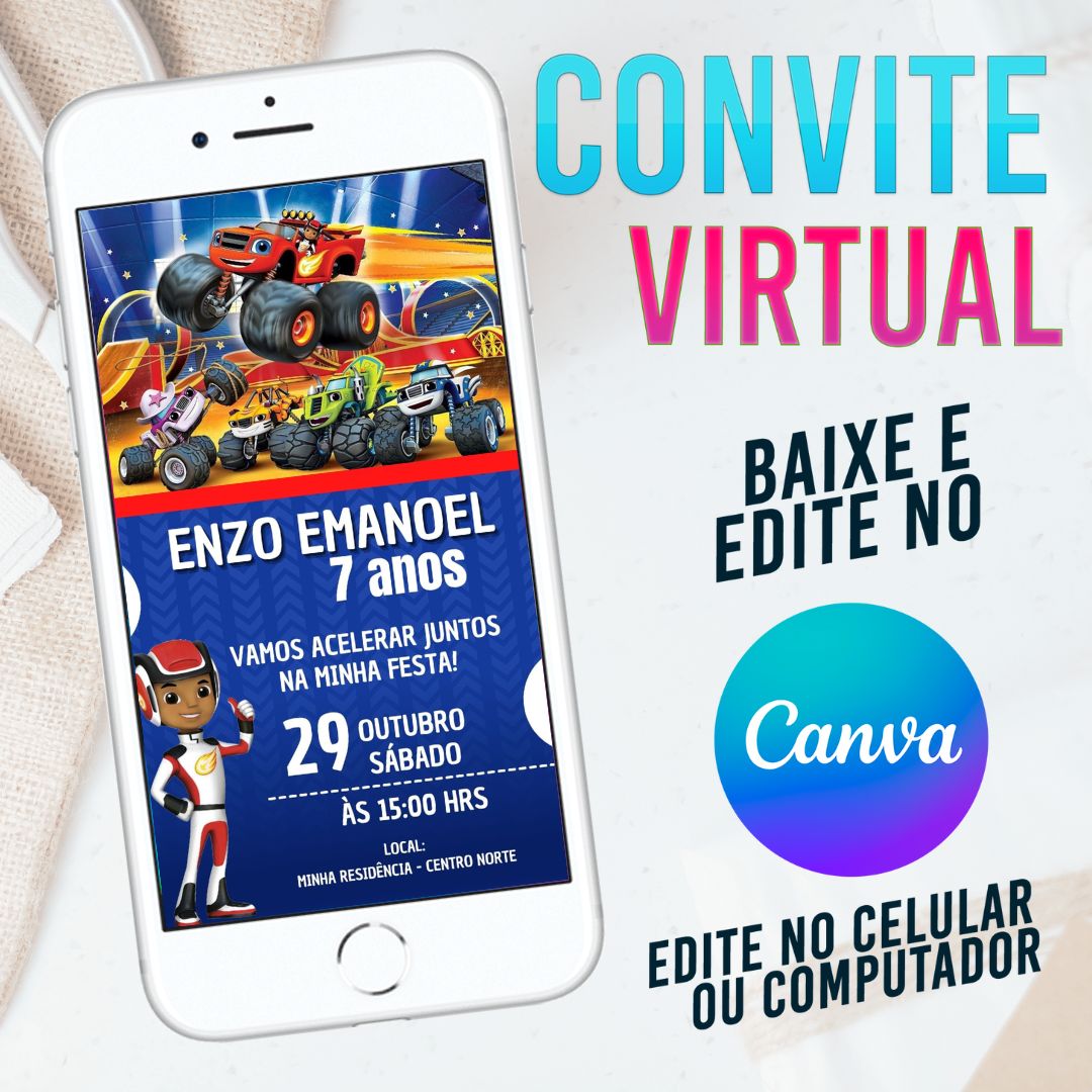 Blaze and the Monster Machines convite Editável no Canva. Convite Virt ...
